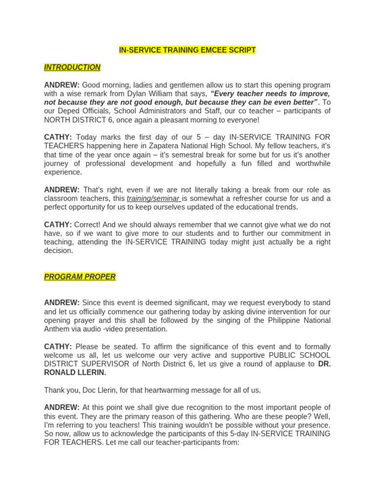 In-Service Training Emcee Script | PDF