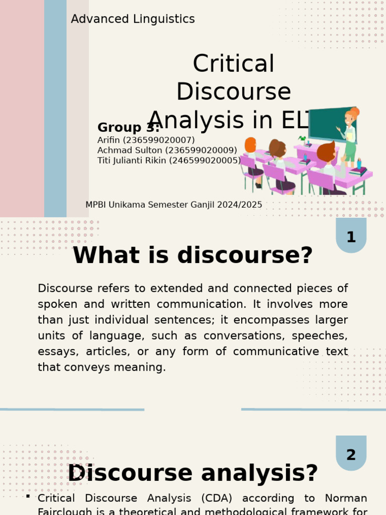 GROUP 3_Critical Discourse Analysis in ELT | PDF | Discourse | Liberal Arts Education
