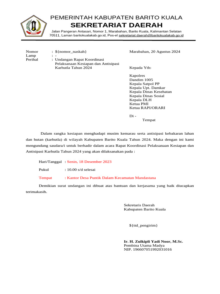 surat undangan rakor karhutla 2024 | PDF
