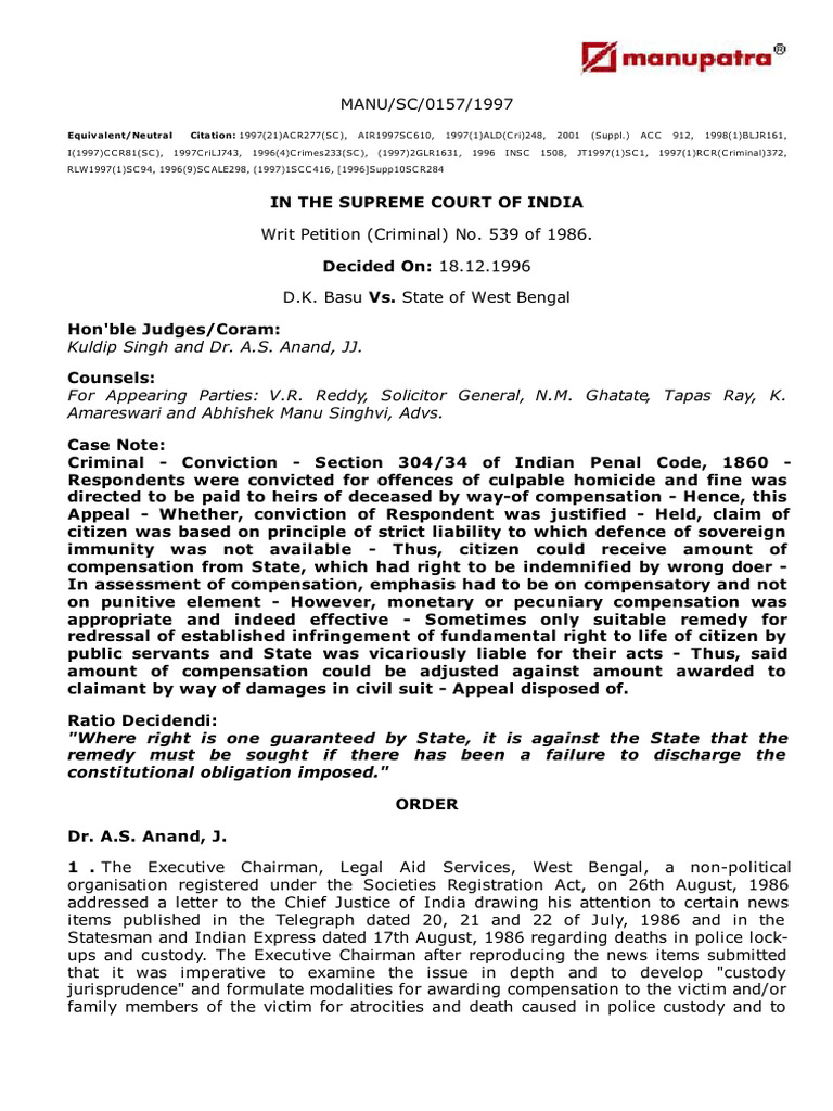 DK Basu Vs State of West Bengal 18121996 SC0114s970827COM397008 | PDF ...