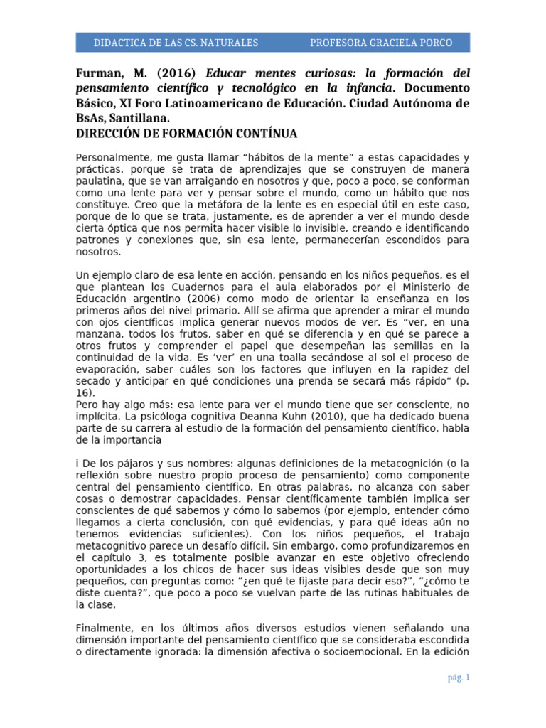 Furman, EDUCAR MENTES CURIOSAS, (ADAPTACION) | PDF | Pensamiento ...