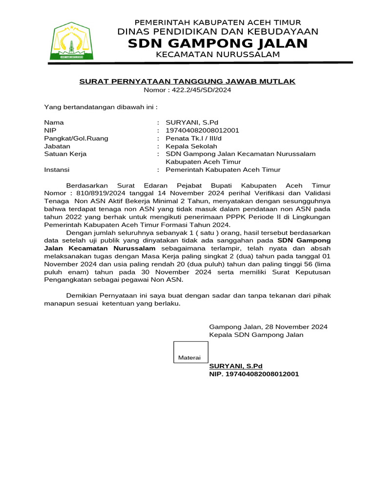 Contoh SPTJM SDN Gampong Jalan | PDF
