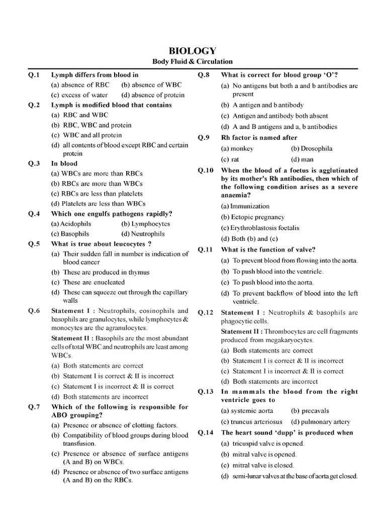 Practice Quetions - Biology - Body - Fluid - & - Circulation - 05 - 12 ...