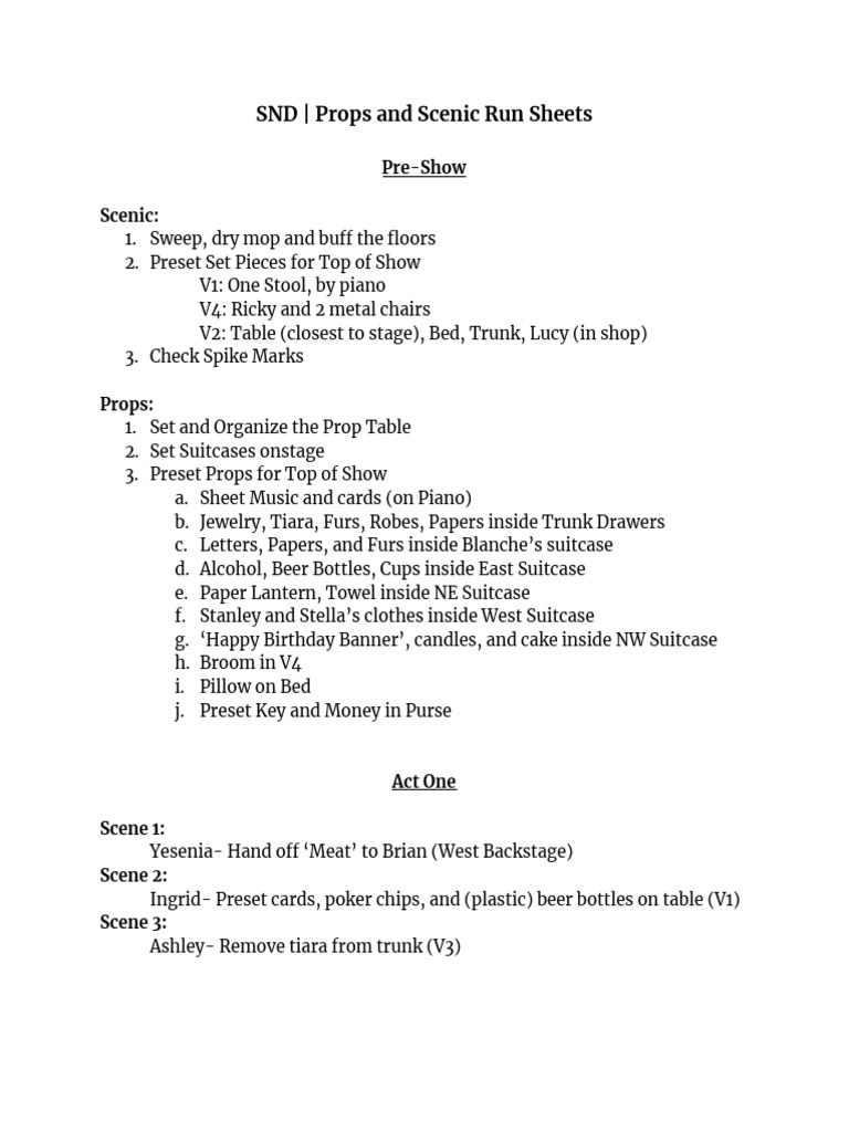 Scenic and Prop Run Sheets | PDF