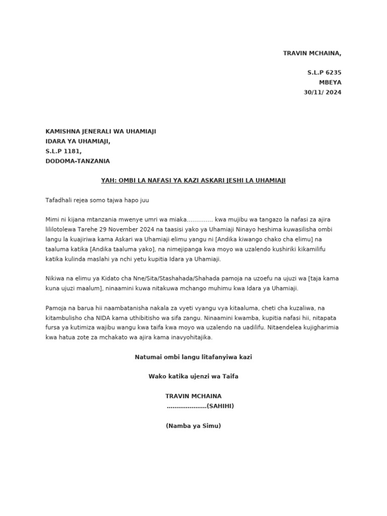 SAMPLE-YA-BARUA-AJIRA-ZA-UHAMIAJI-MCHAINA-CAREERS | PDF