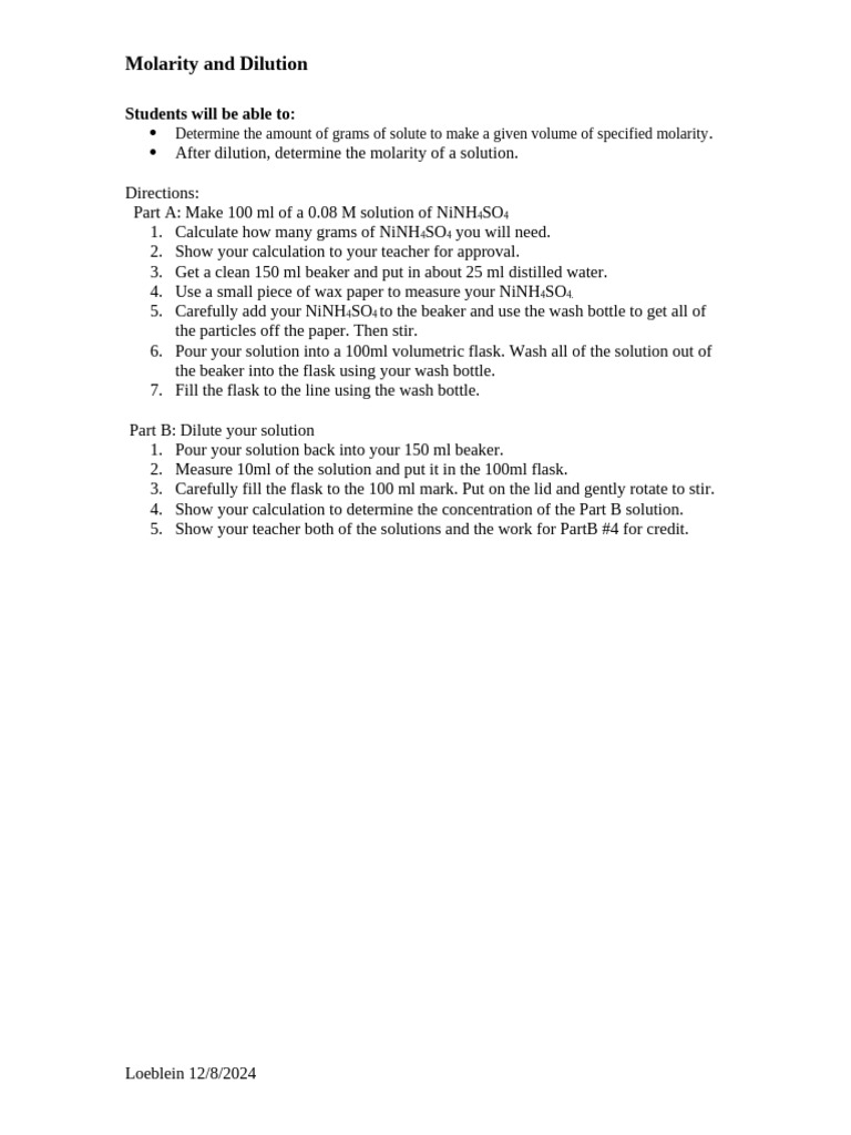 Molarity Dilution Lab | PDF