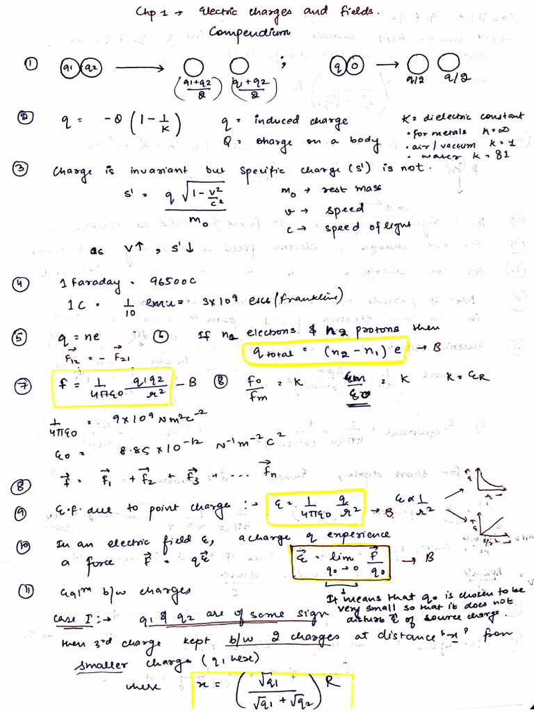 Electric Charges and Fields, Class 12 Short Notes. | PDF