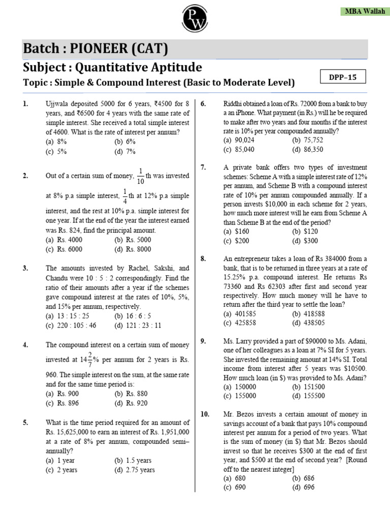 Arithmetic _ Simple Interest ll Compound Interest ll Basic to Moderate Level _ DPP 15 __ (MBA ...