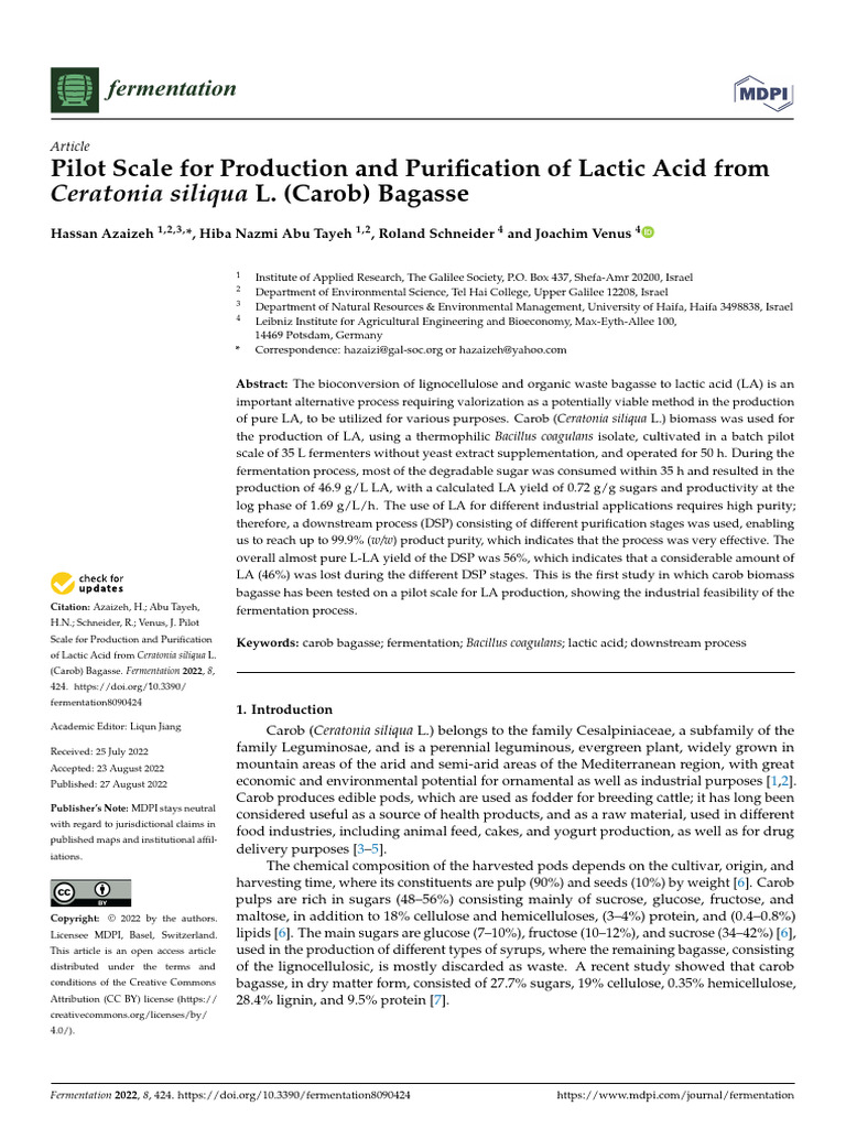 Azaizeh Et Al 2022 Pilot Scale For Production and Purication of Lactic ...