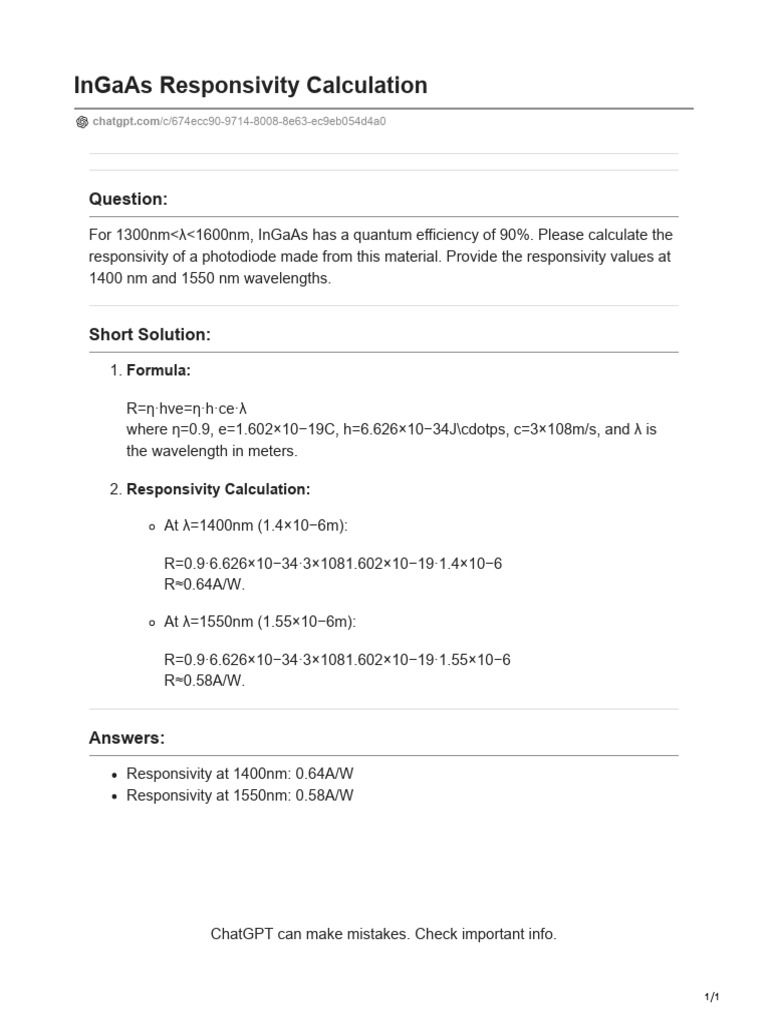 InGaAs Responsivity Calculation | PDF