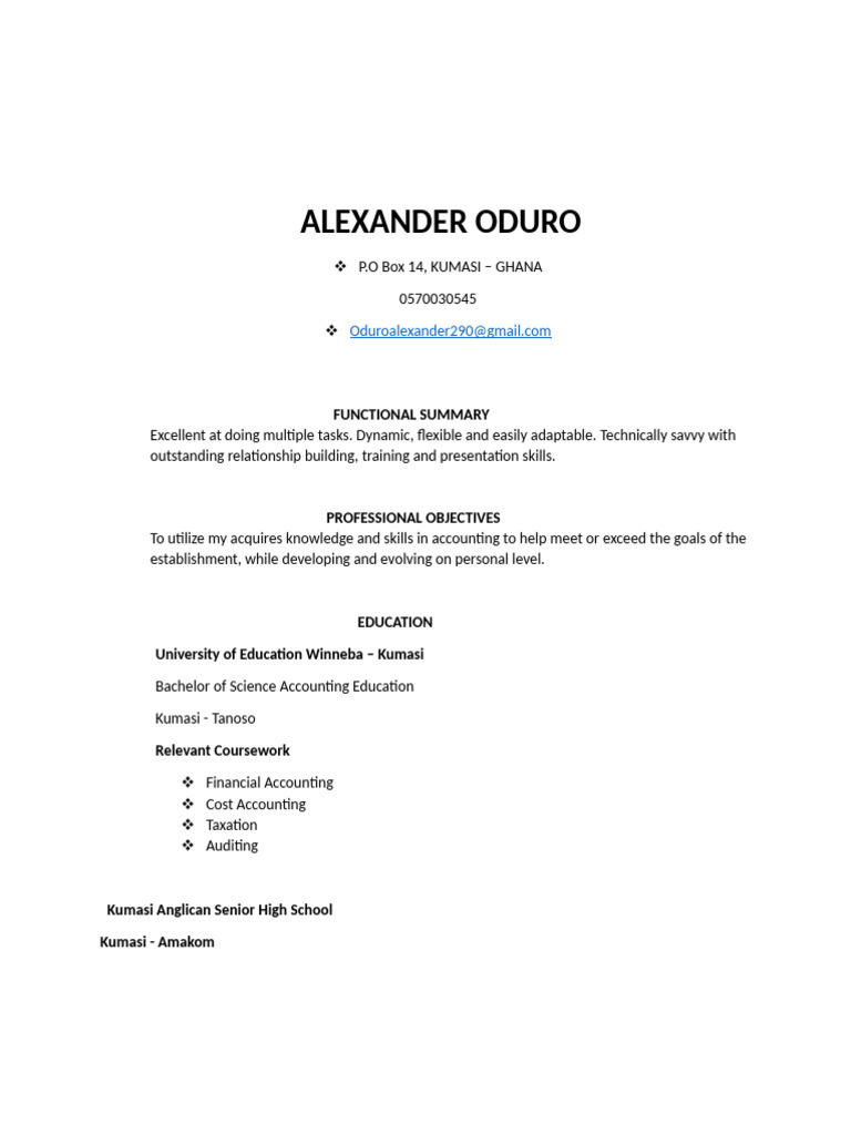 Alexander Oduro: Functional Summary | PDF