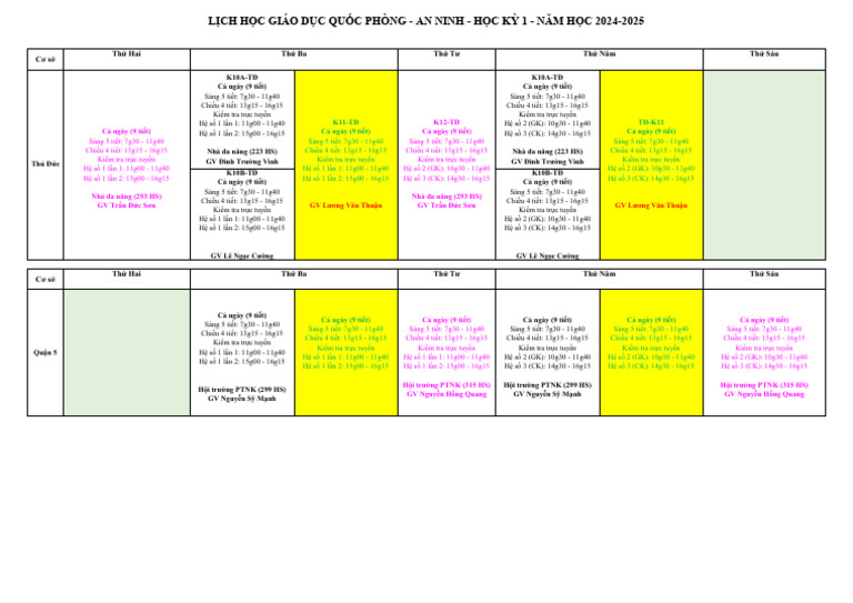Lịch học QPAN-HK1 - 2024-2025-final | PDF