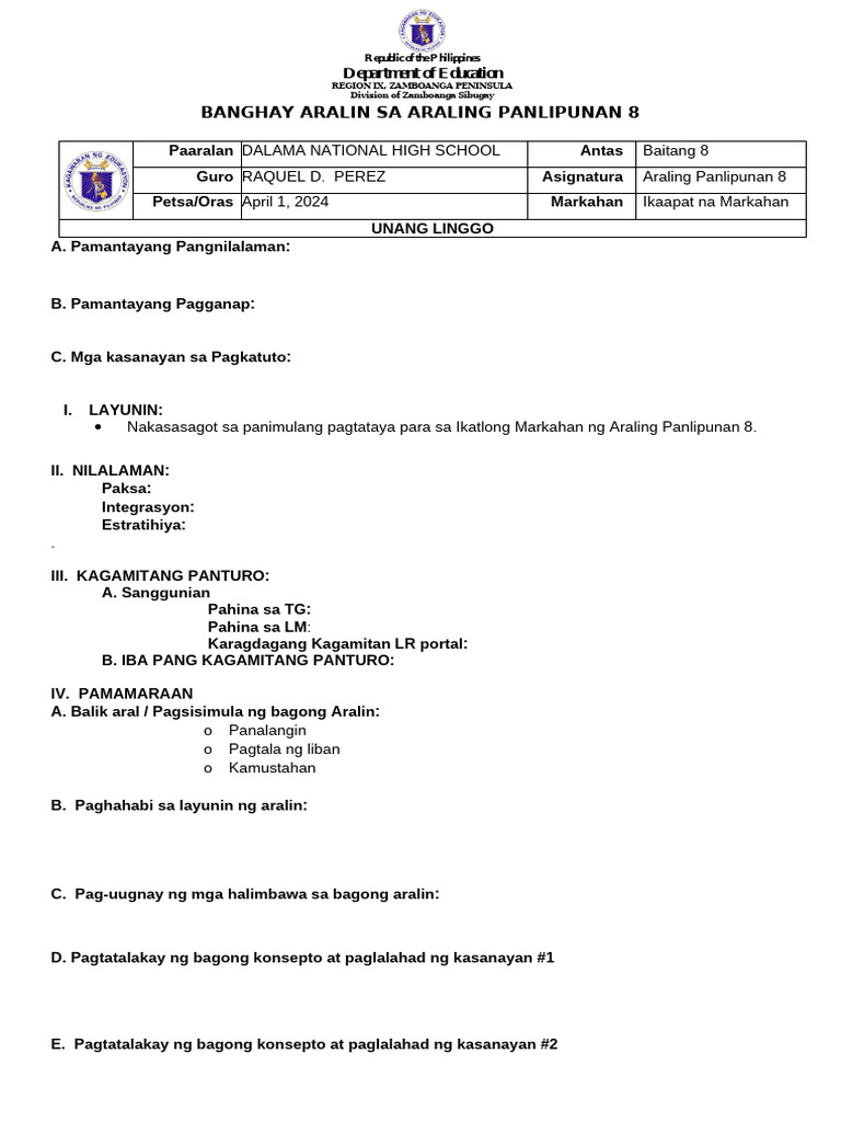 Banghay Aralin Sa Araling Panlipunan 8 | PDF