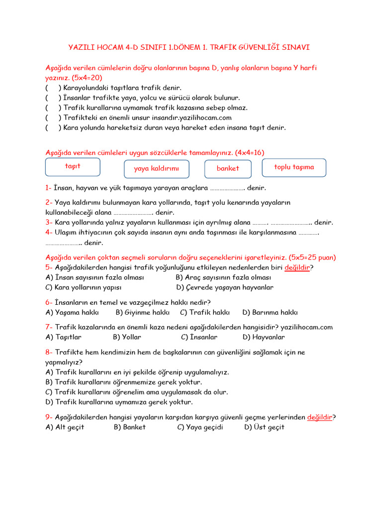 4.sınıf Trafik 1.dönem 1.yazılı Soruları-2 | PDF