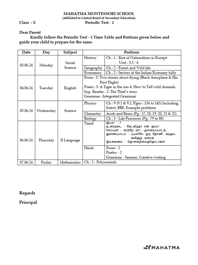 X Periodic Test - 1 Time Table - 240426 - 100522 | PDF