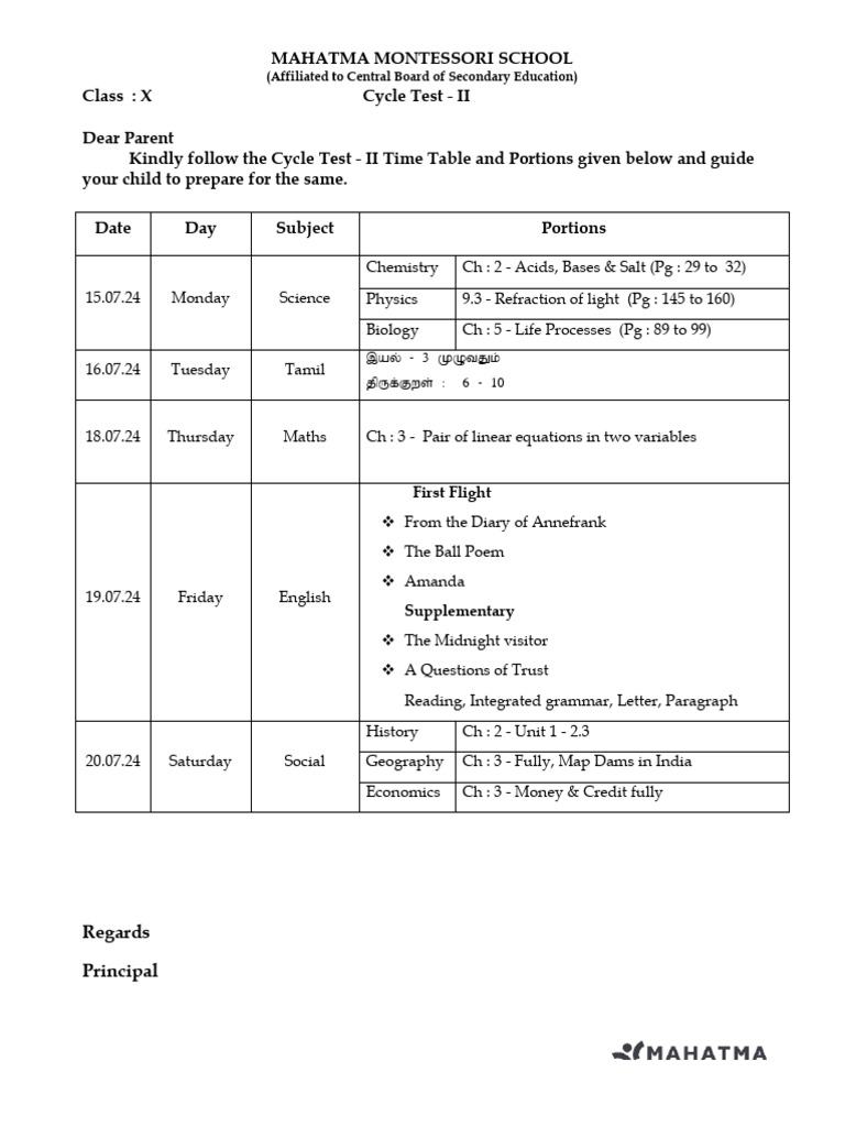 Cycle Test Schedule for Parents | PDF
