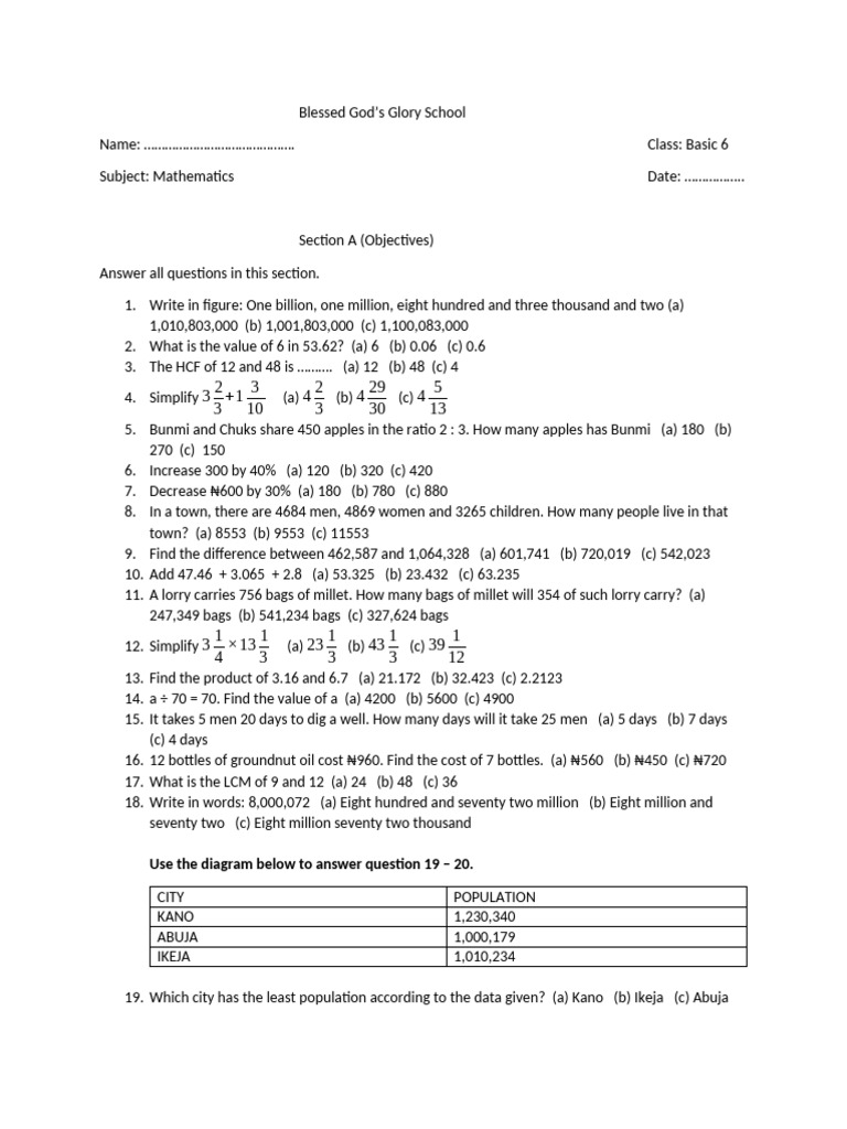 Blessed God's Glory Primary 6 maths | PDF | Arithmetic | Mathematics