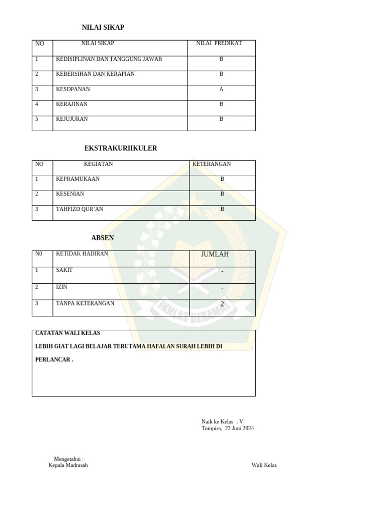 NILAI SIKAP KELAS 6 SEMESTER 1 | PDF