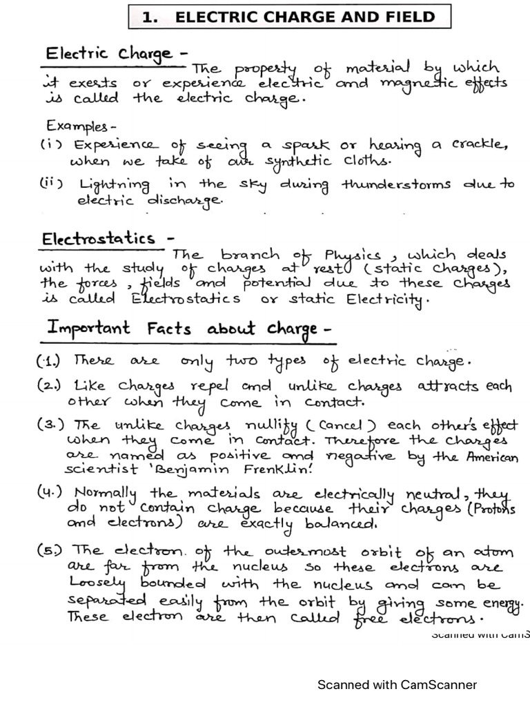 1 ELECTRIC CHARGES AND FIELDs Hand Written | PDF