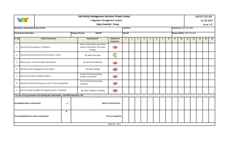 08.VAR Daily Checklist Pump | PDF | Pump | Manufactured Goods
