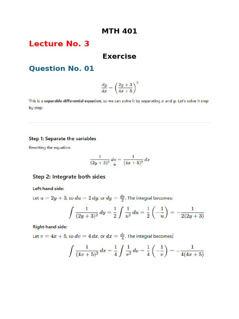 MTH 401 Differential Equations Exercises | PDF