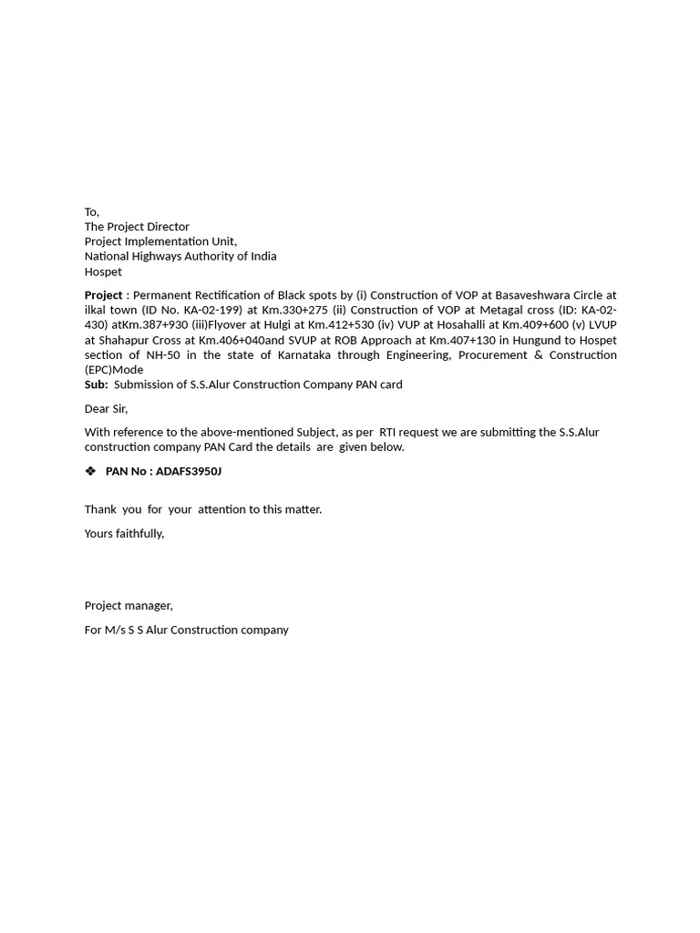 Submission of PAN Card for NH-50 Project | PDF