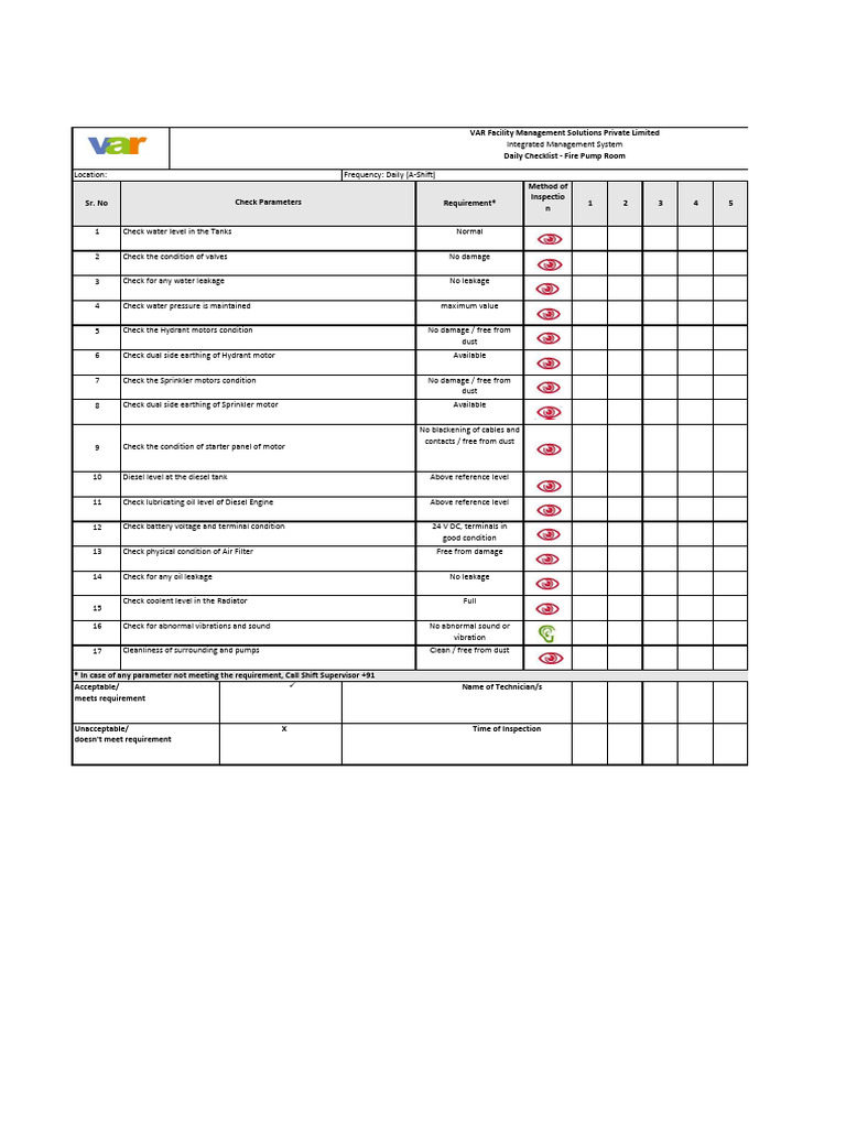 VAR Fire Pump Room Checklist | PDF | Pump | Diesel Engine