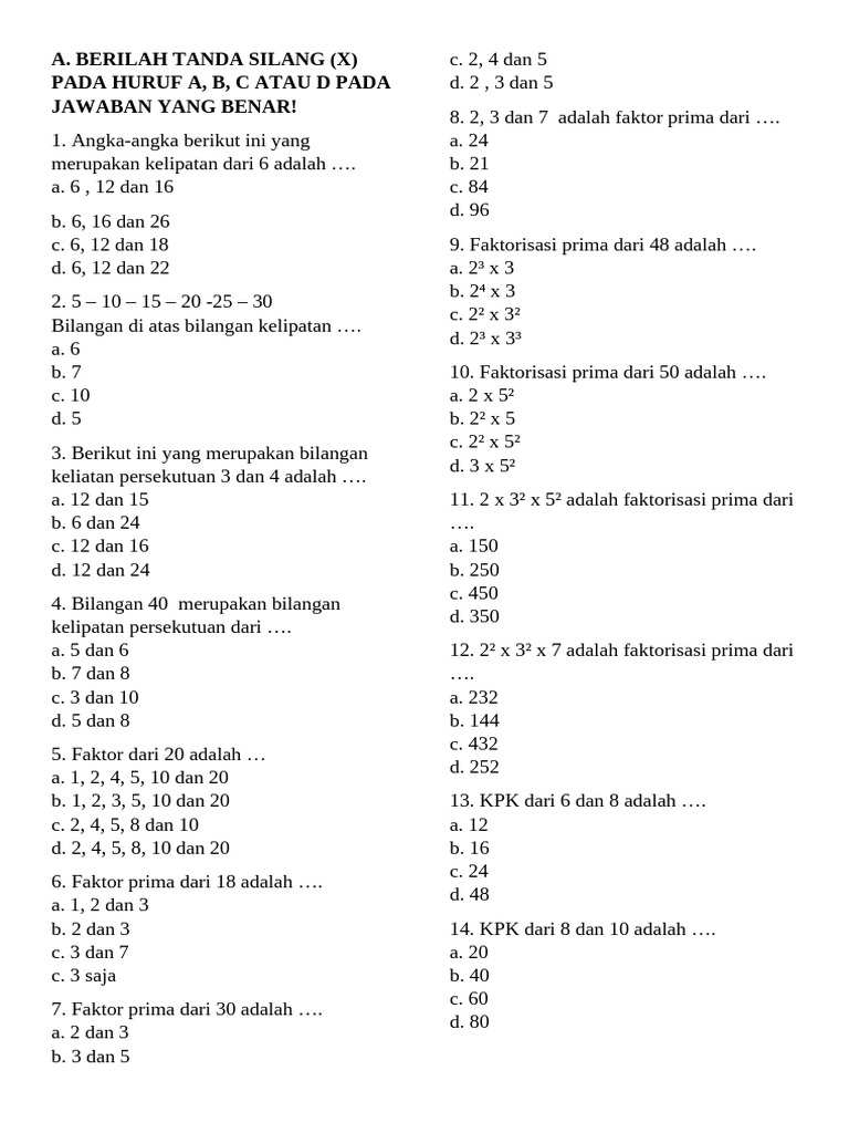 Soal MTK FPB Dan KPK Ver Word Kelas 4 | PDF