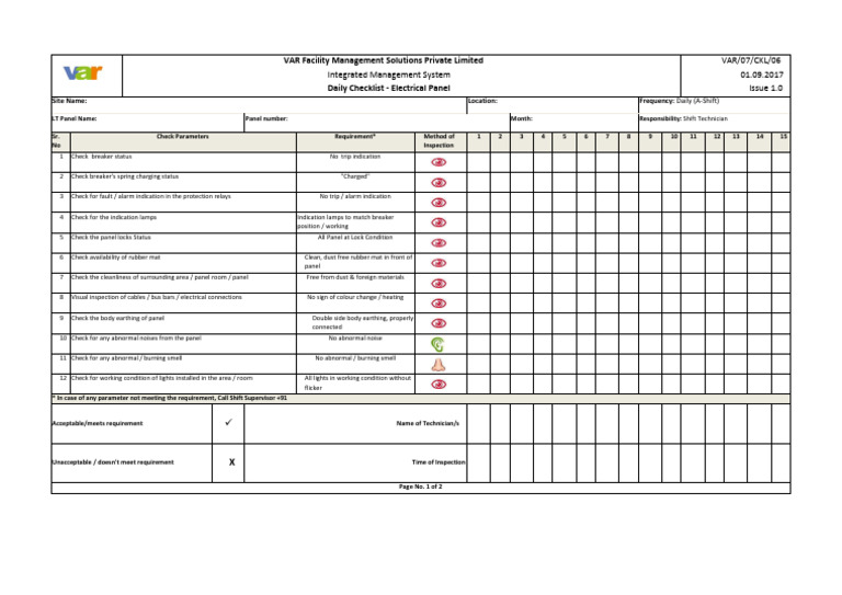 06.VAR Daily Checklist Electrical Panel | PDF | Electrical Components ...