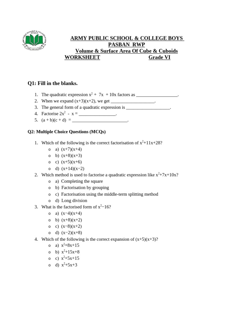 Factorisation and Expansion Worksheet | PDF