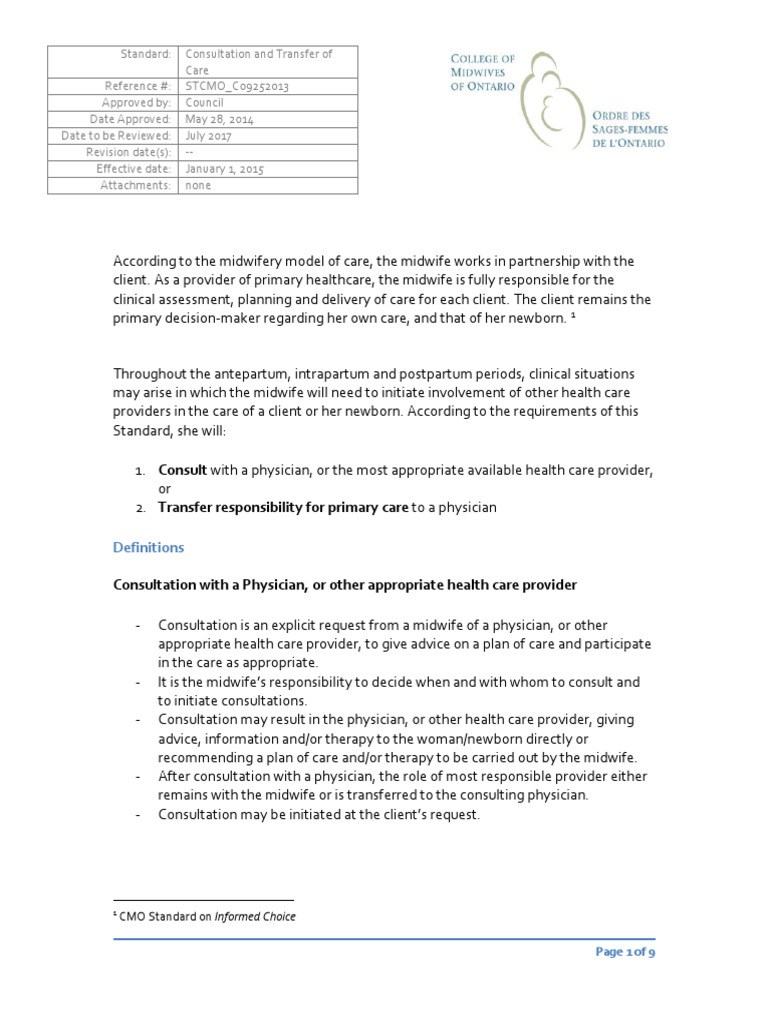 Indications For Midwives To Consult or Transfer Care | PDF | Midwife ...