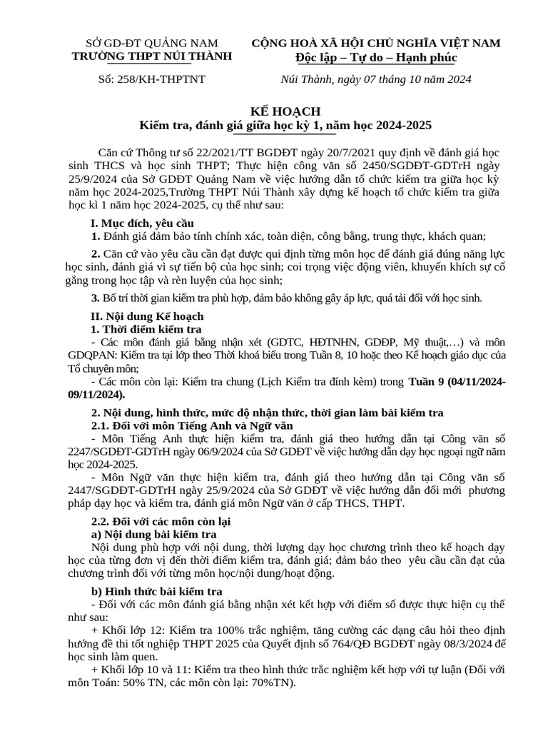 KH - 258 - KIỂM TRA GIỮA HK1 - NH 2024-2025 | PDF