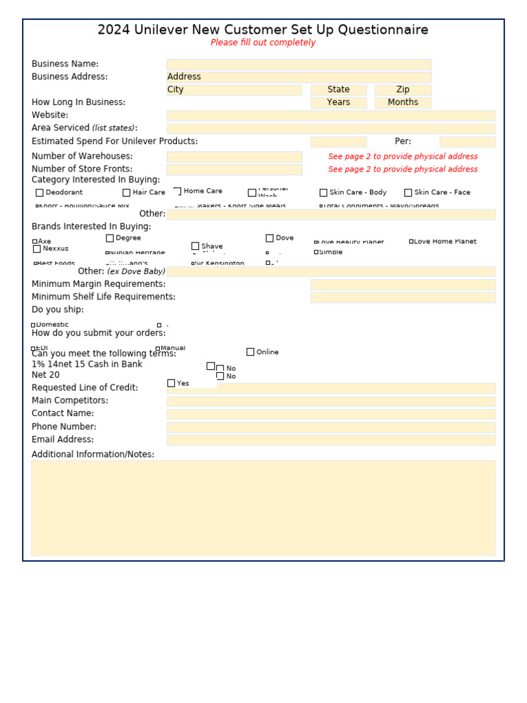 2024 Unilever New Customer Set Up Questionnaire 04.09.24 | PDF | Unilever