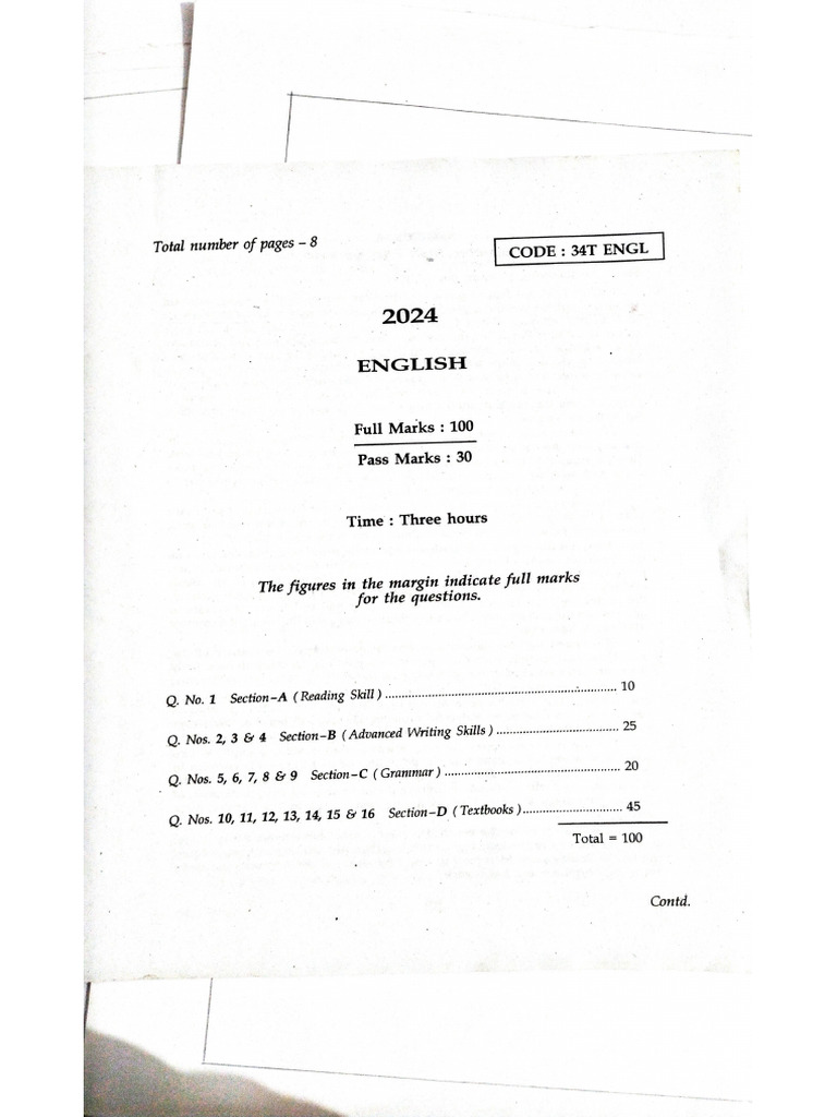 Eng PYQ 2024 AHSEC FINAL | PDF