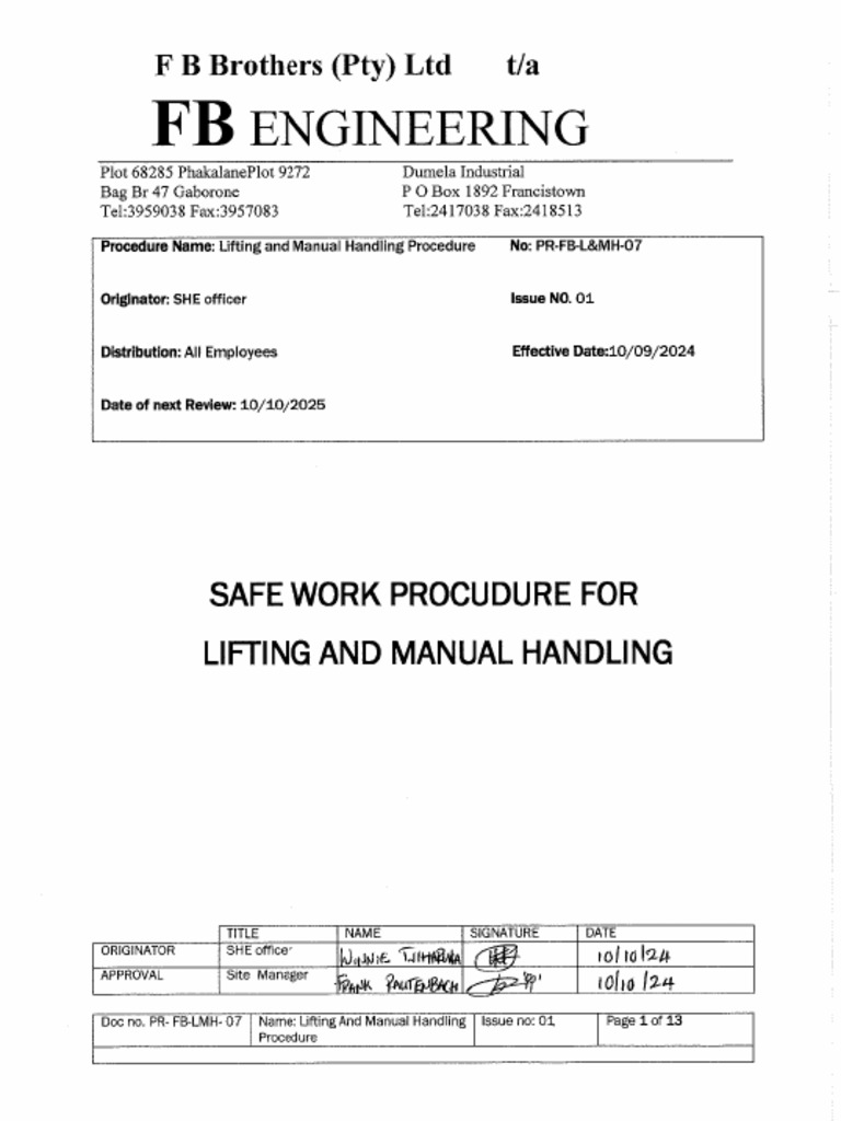 SAFE WORKING PROCEDURE FOR LIFTING AND MANUAL HANDLING | PDF