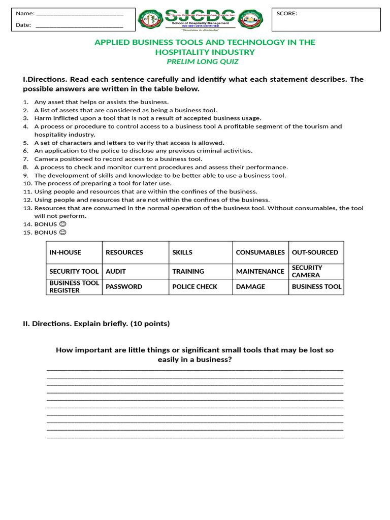Business Tools Quiz in Hospitality | PDF