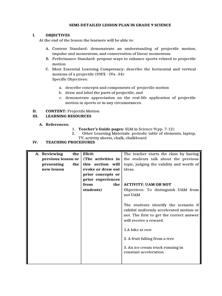 Semi Detailed Lesson Plan in Grade 9 Science | PDF | Projectiles ...
