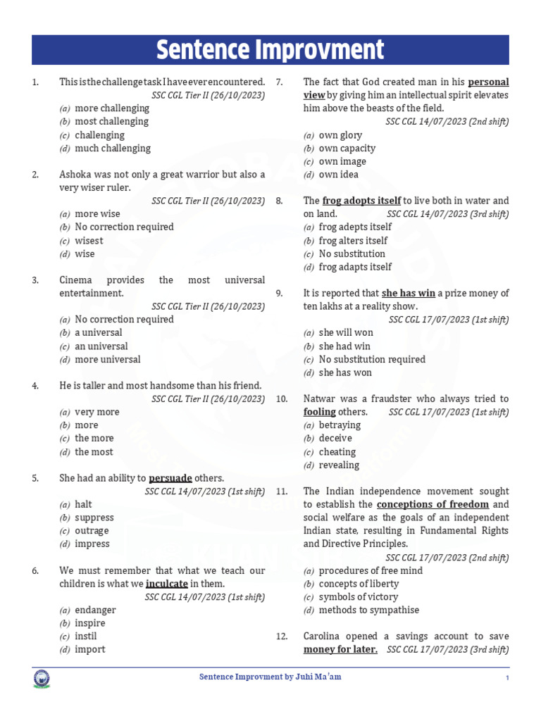 Sentence Improvement Printable PDF - 6289352336 | PDF
