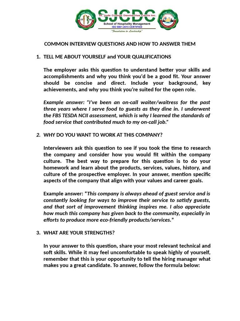 Common Interview Questions and How To Answer Them | PDF | Goal | Employment