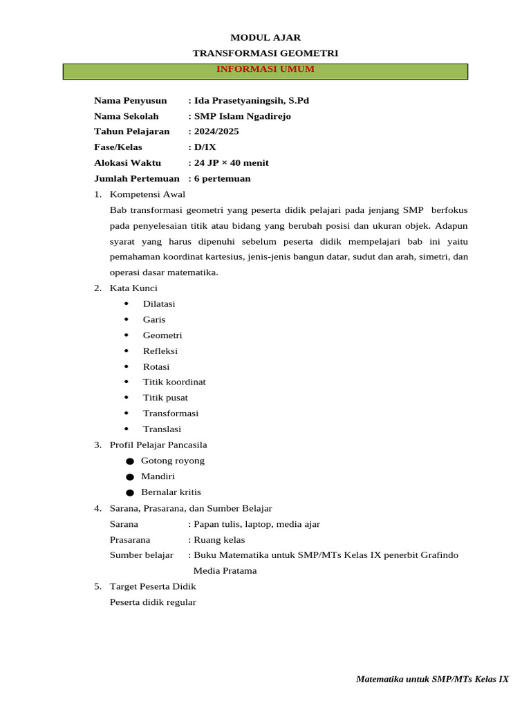 Modul Ajar BAB Transformasi Geometri | PDF