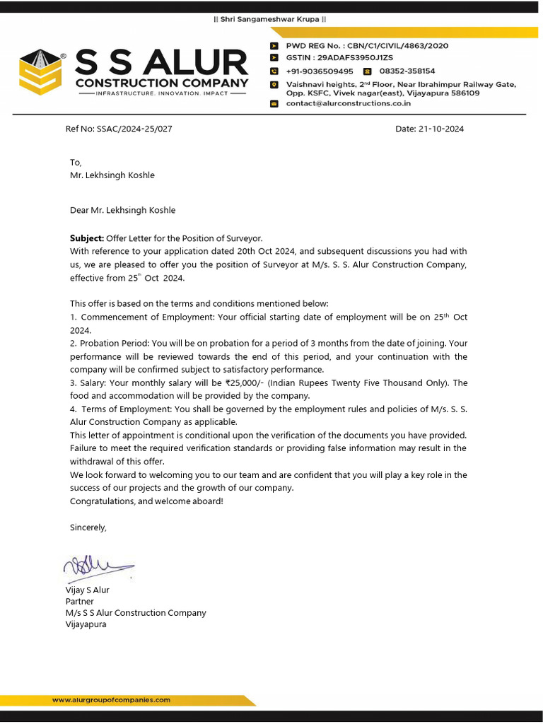Offer Letter for Surveyor Position | PDF