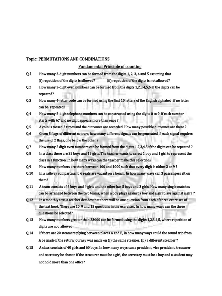 Permutations Combinations Class XI Worksheet | PDF | Permutation