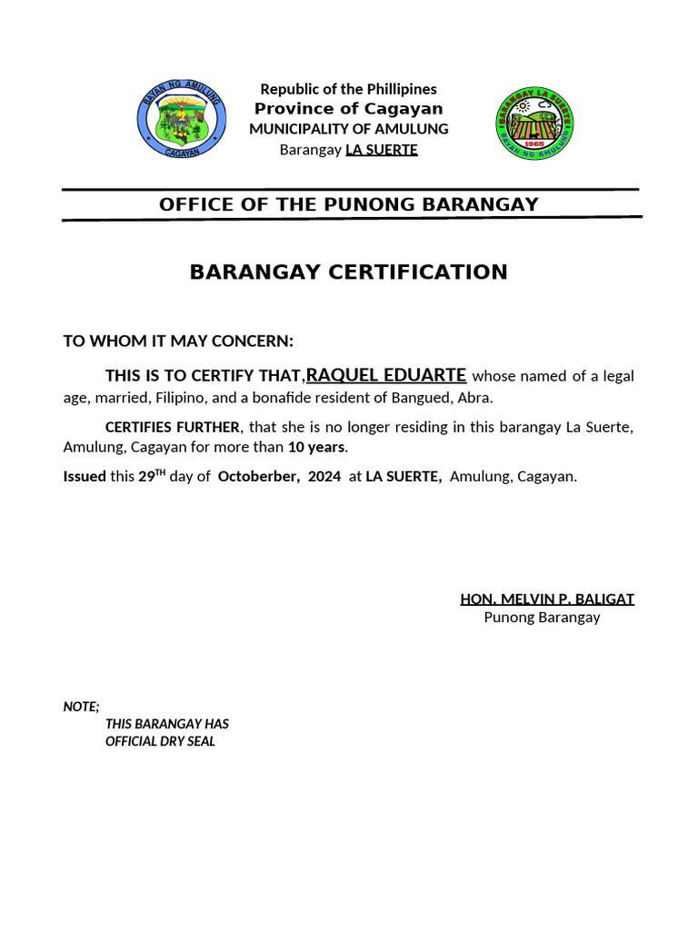 Barangay cert edited | PDF