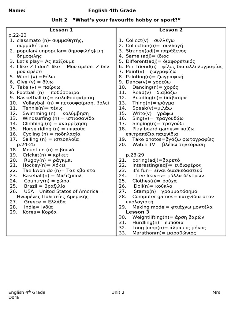 English 4th Grade Unit 2 Vocabulary | PDF