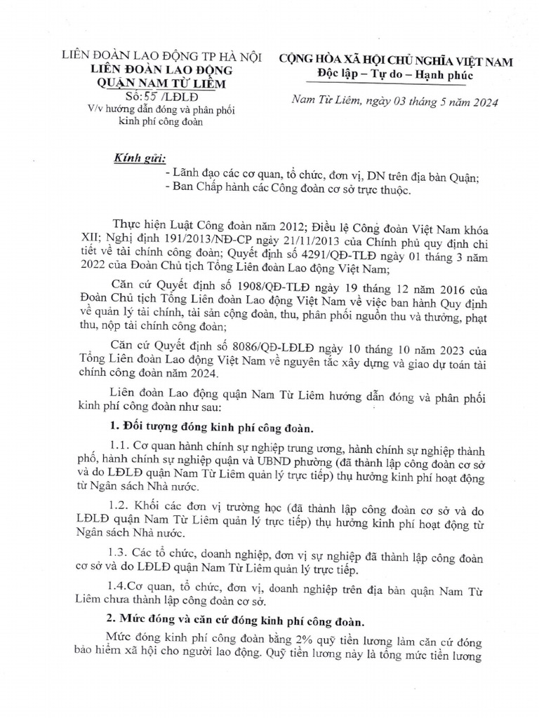 2024. CV55 hướng dẫn nộp và phân phối KP, ĐPCĐ | PDF