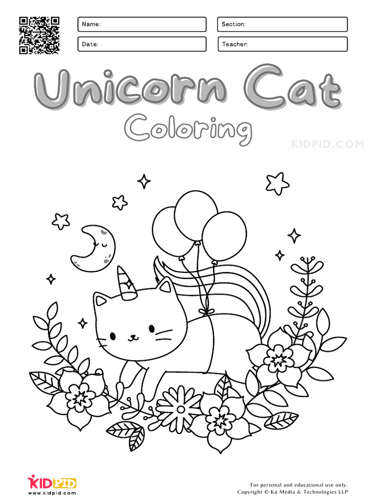 Unicorn Cat Coloring Pages For Kids | PDF