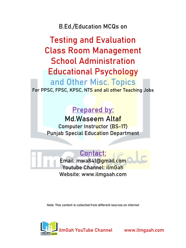 Book 4 B.Ed MCQs Class Room Management Testing and Evaluation | PDF ...