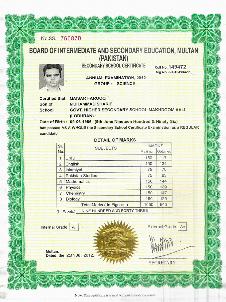 Matric Mark Sheet | PDF