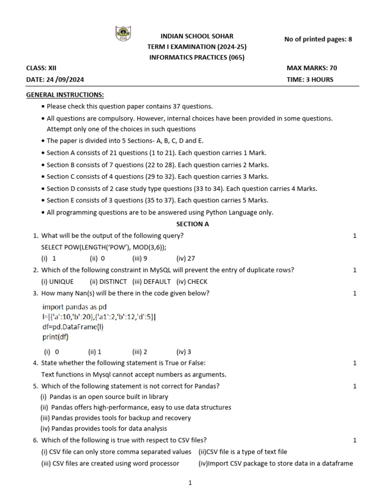 CLASS XII TERM I INFORMATICS PRACTICES 2024-25 | PDF | Relational Database | Table (Database)