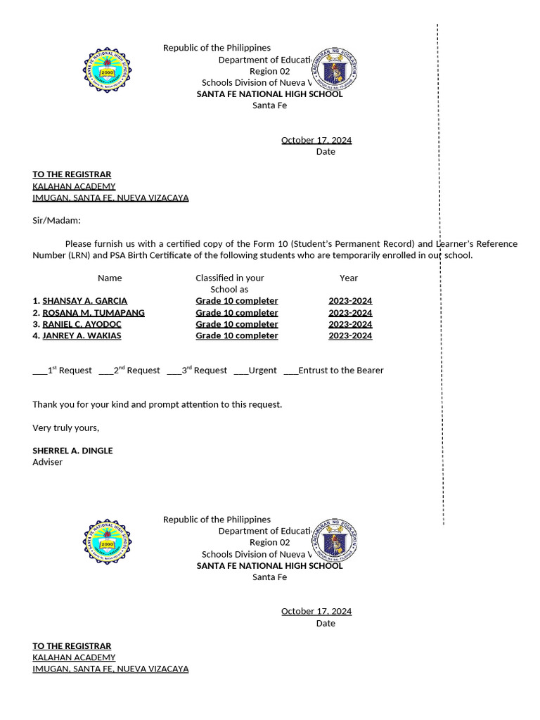 Request letter for f137 | PDF | Philippines | Social Institutions